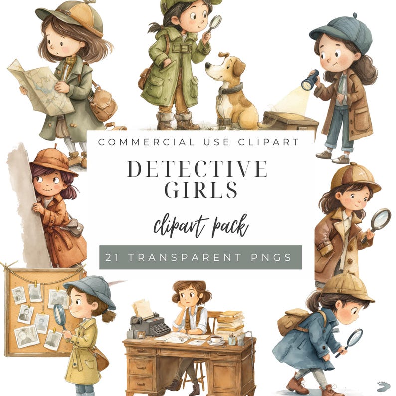 Girl Detective Clipart, Watercolor Spy Kids PNG, Birthday Party Invite ...