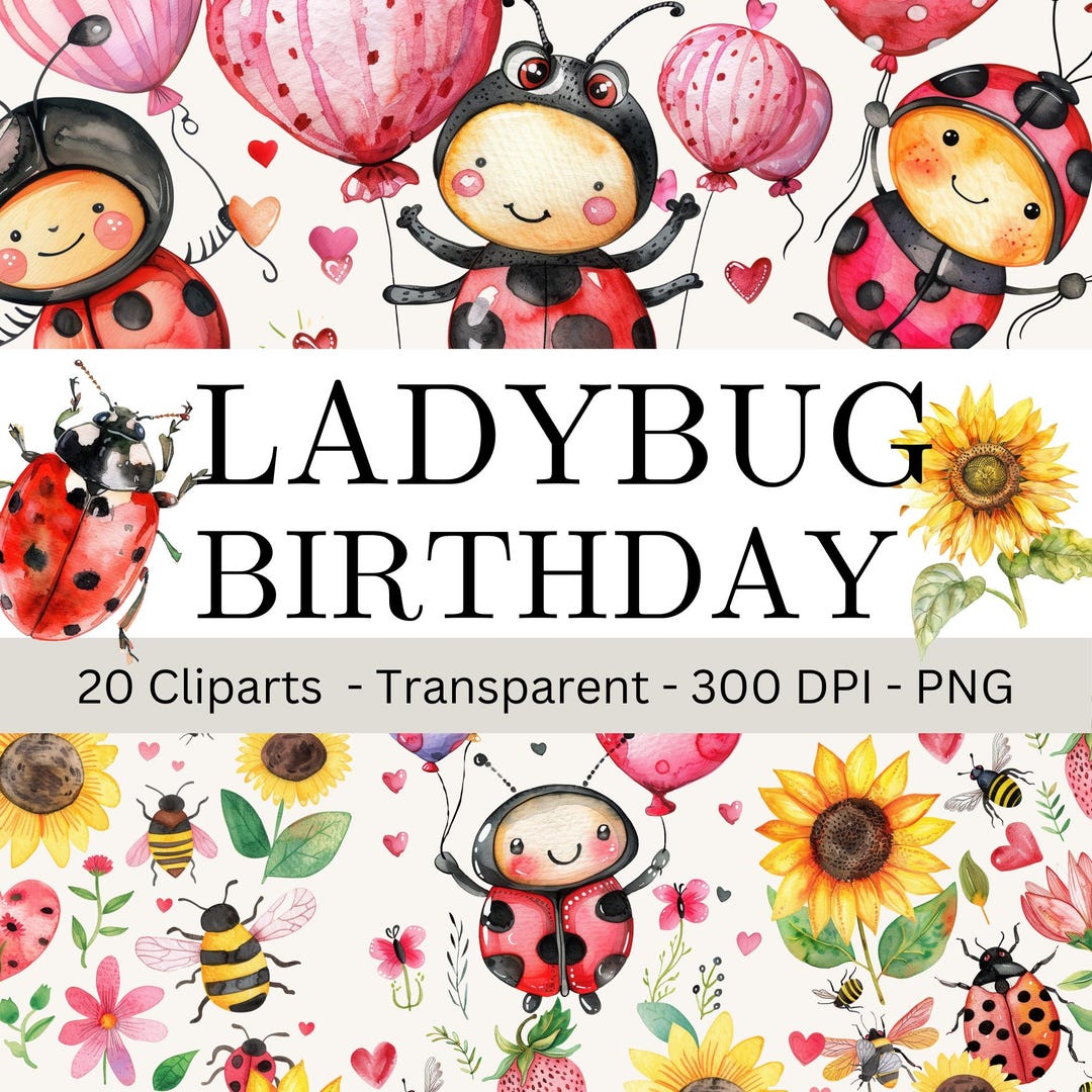 Cute Watercolor Ladybug and Hearts With Bumble Bees Birthday PNG ...