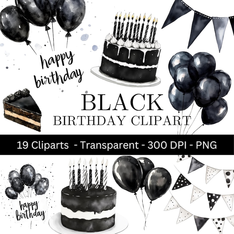 Birthday Water Color Clipart, Black Birthday Clipart, Birthday Clipart ...