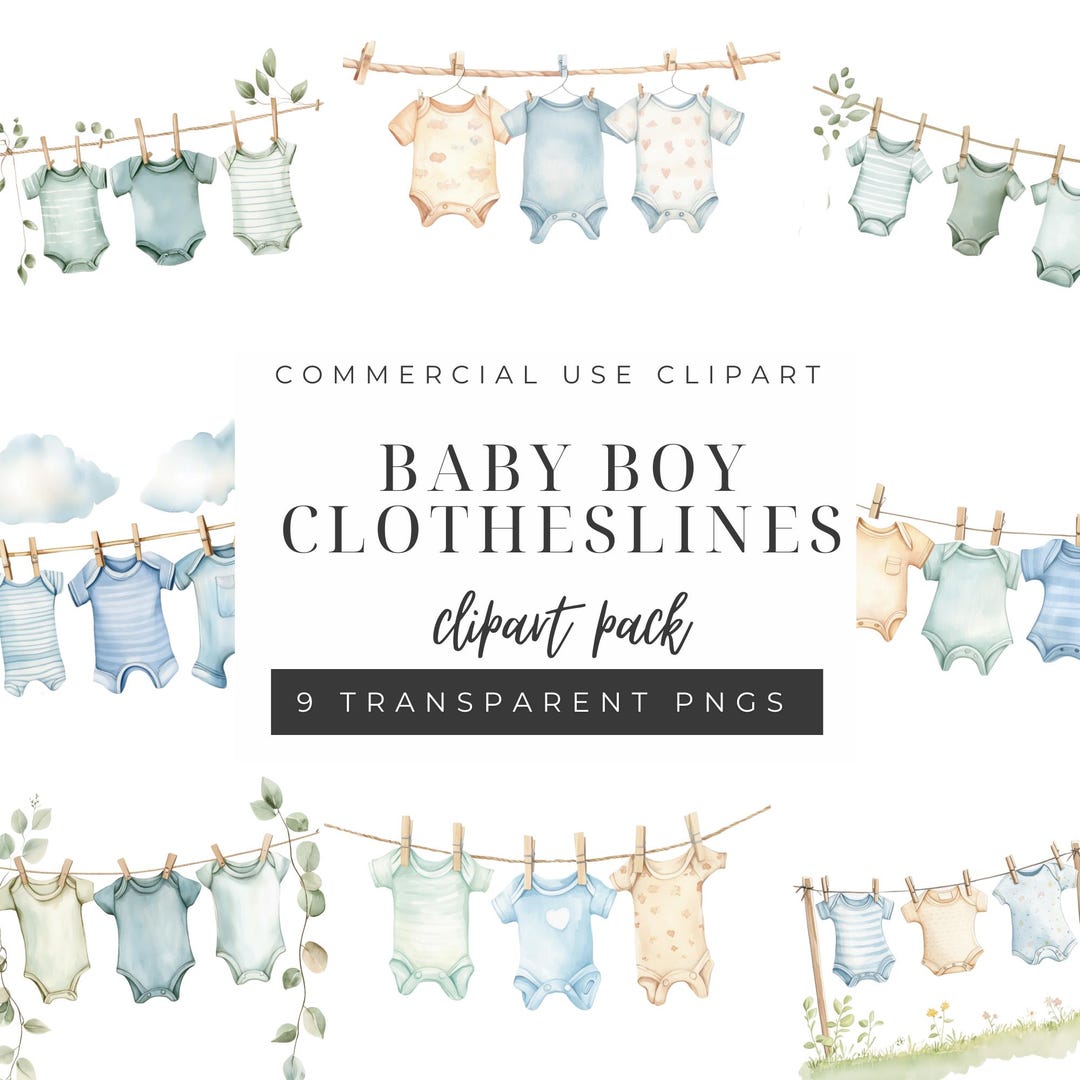 Baby Boy Clothesline Clipart, Boho Baby Shower Clipart PNG, Watercolor ...