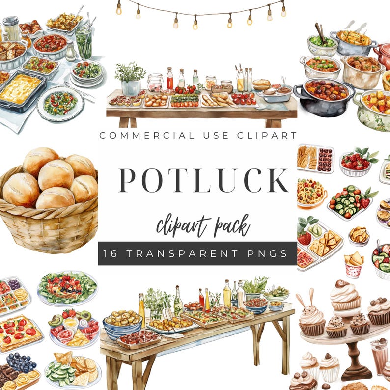Potluck Clipart Bundle, Watercolor Food Graphics, Casserole PNG ...