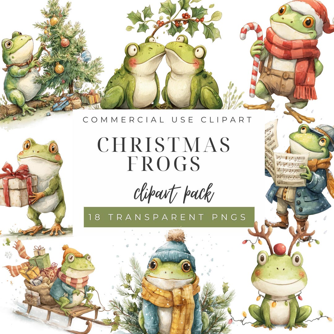 Christmas Frog Clipart, Cute Winter Frogs PNG, Watercolor Holiday ...