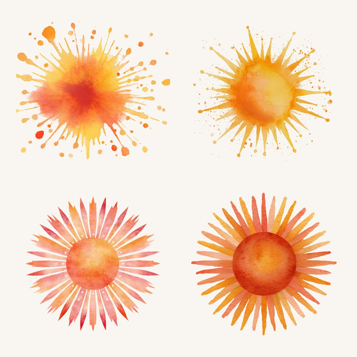Watercolor Sunburst Clipart, Bright Summer Graphics for DIY Projects ...