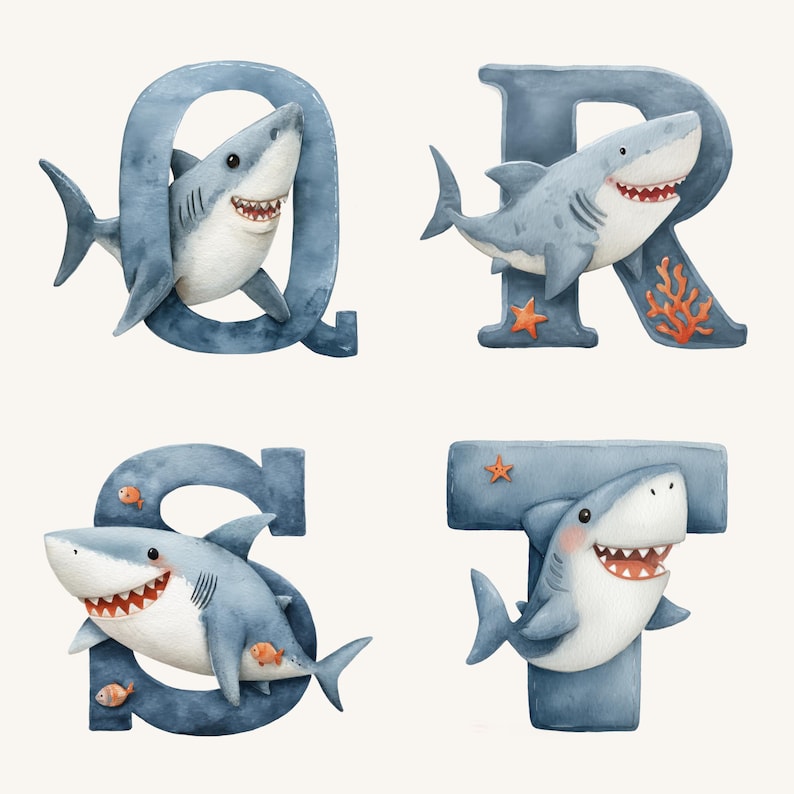 Shark Alphabet Clipart, Fun Shark Letters for Kids, Digital Download ...