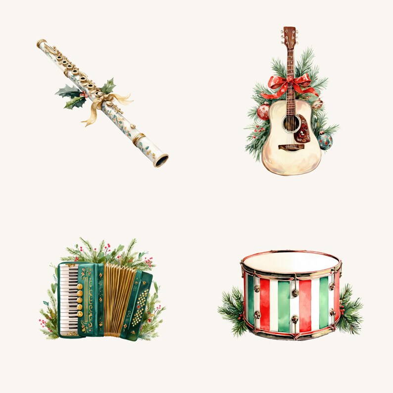 Musical Instrument Christmas Clipart, Digital PNG Bundle, Festive Art ...