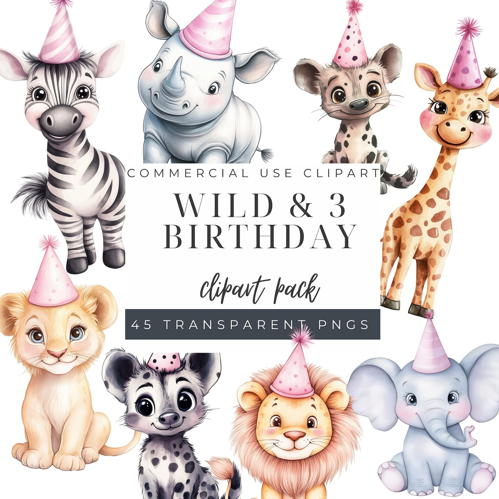 Wild and Three Clipart, Safari Animals Digital Download, Birthday Party ...