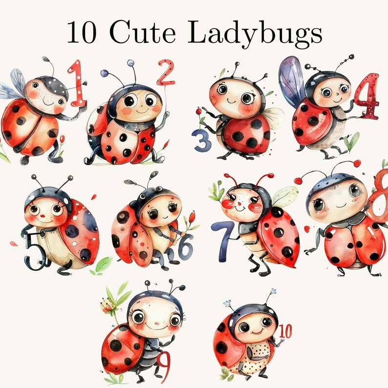 Cute Watercolor Ladybug Clipart With Numbers 1-10, Great for Birthday ...