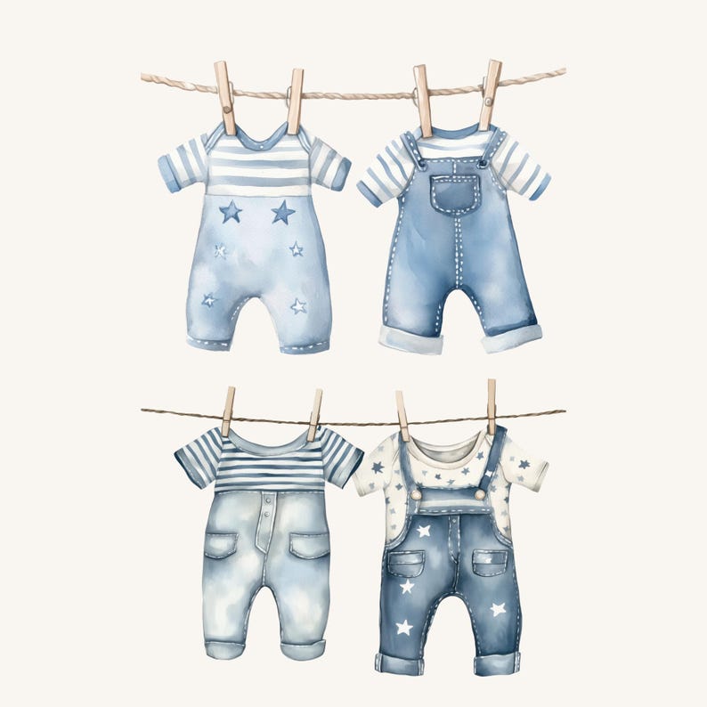 Watercolor Baby Boy Blue Clothesline Clipart, Digital Download for Baby ...