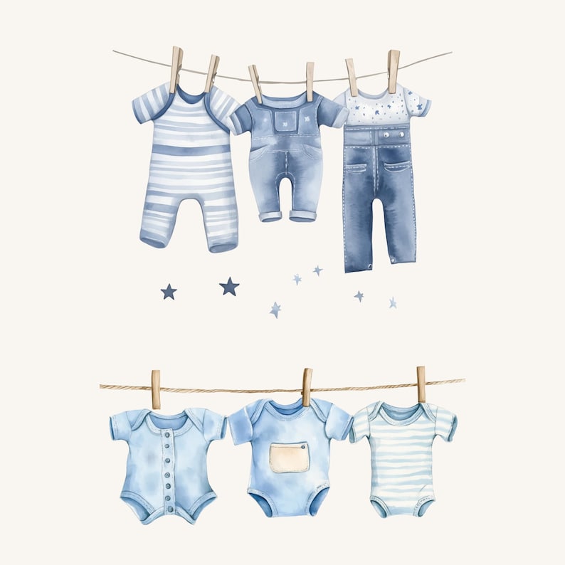 Watercolor Baby Boy Blue Clothesline Clipart, Digital Download for Baby ...