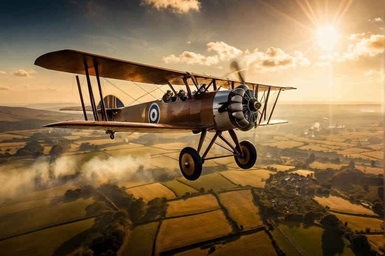 Fantasy WW1 Fighter Biplane Aircraft on Patrol at Sunset Limited ...