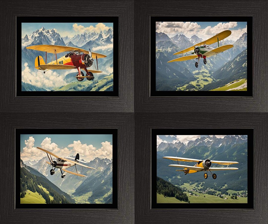 FOUR Fantasy Vintage Biplanes Flying Over the Alps Limited Edition ...
