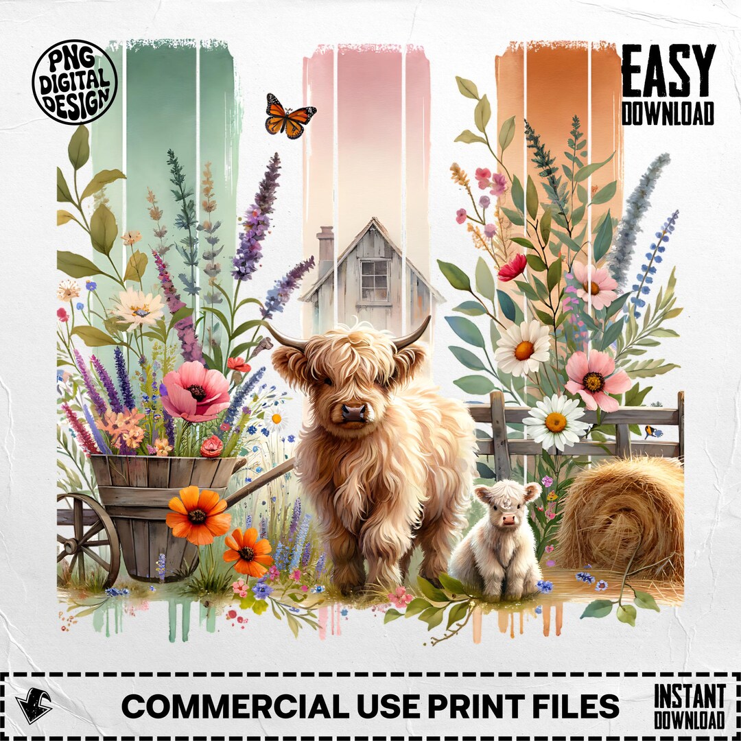 Highland Cow PNG, Highland Cattle Clipart, Farmhouse PNG, Floral Cow ...