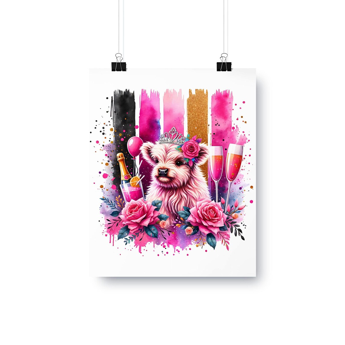 Highland Cow Digital, Princess Cow PNG, Floral Cow Clipart, Pink ...