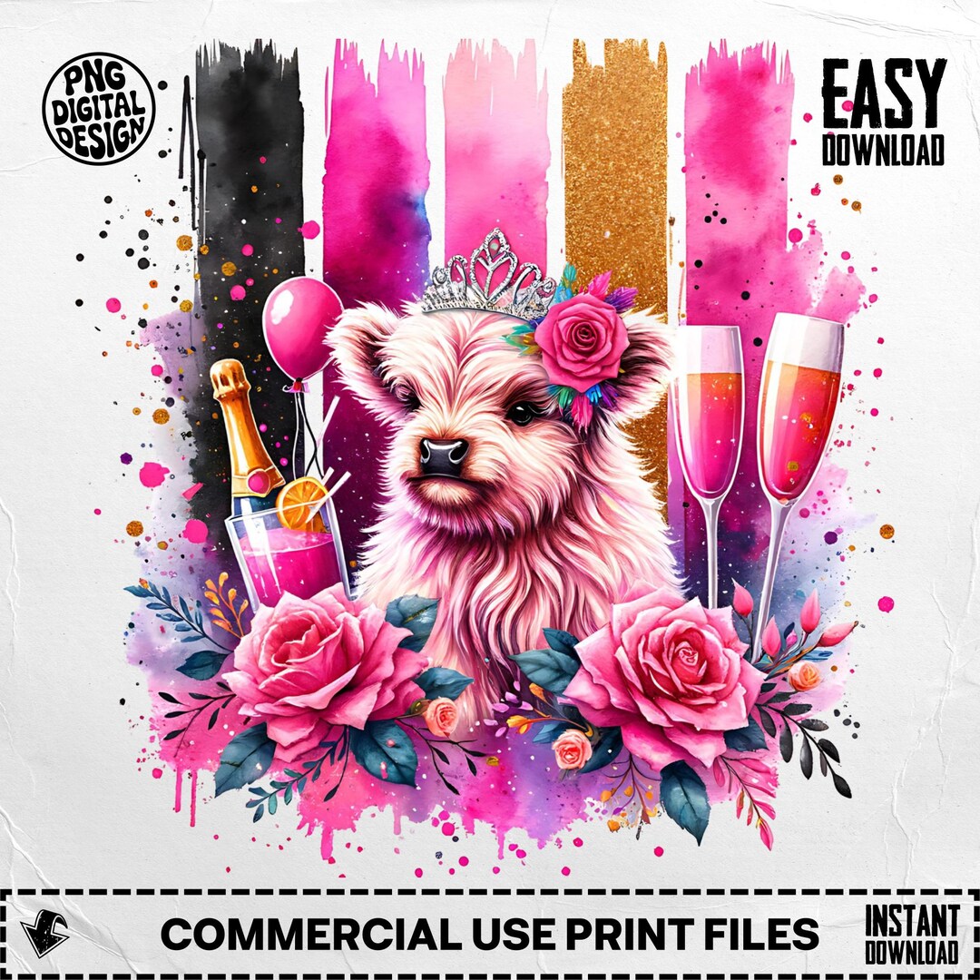 Highland Cow Digital, Princess Cow PNG, Floral Cow Clipart, Pink ...