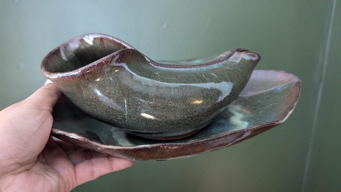 Handmade 2pc Signed Studio Pottery Olive Oil Server Brownstone Clay ...
