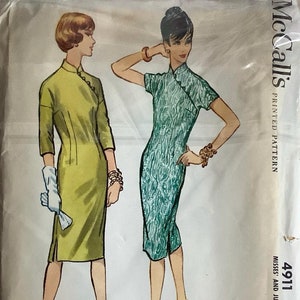 1950s Mccalls 4911 Misses Cheongsam Sheath Dress Pattern Kimono Mandarin Collar Sleeves Womens ...