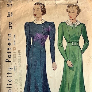 1930s Simplicity 2172 Princess Seam Dress Pattern Leg of Mutton Sleeve ...