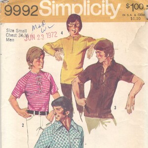 Simplicity 9992 1970s Mens Pullover Shirt Pattern Sleeve Collar Options ...
