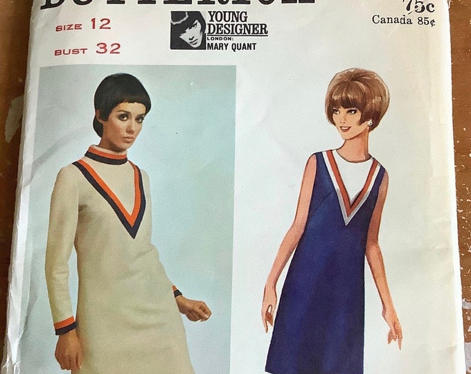 1960s Butterick 4420 Mod Slight A Line Dress Pattern Collar Options V ...