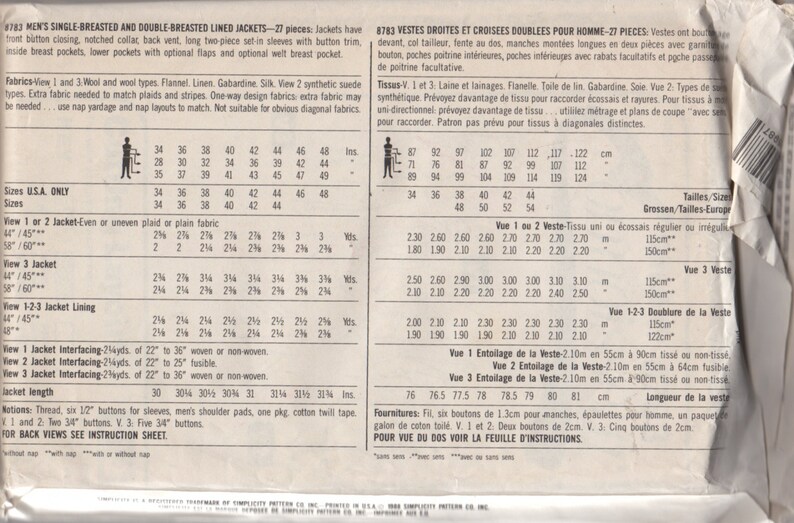 Simplicity 8783 1980s Mens Single or Double Breasted Jacket | Etsy