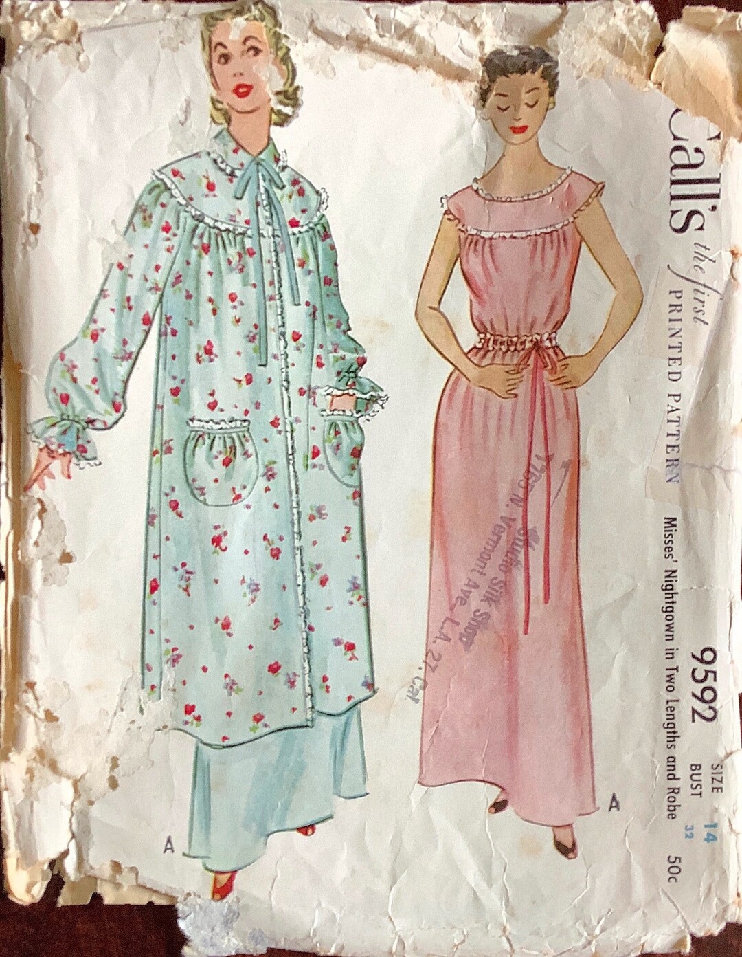 Mccalls 9592 1950s Misses Robe Nightgown Pattern Full Regular Length ...