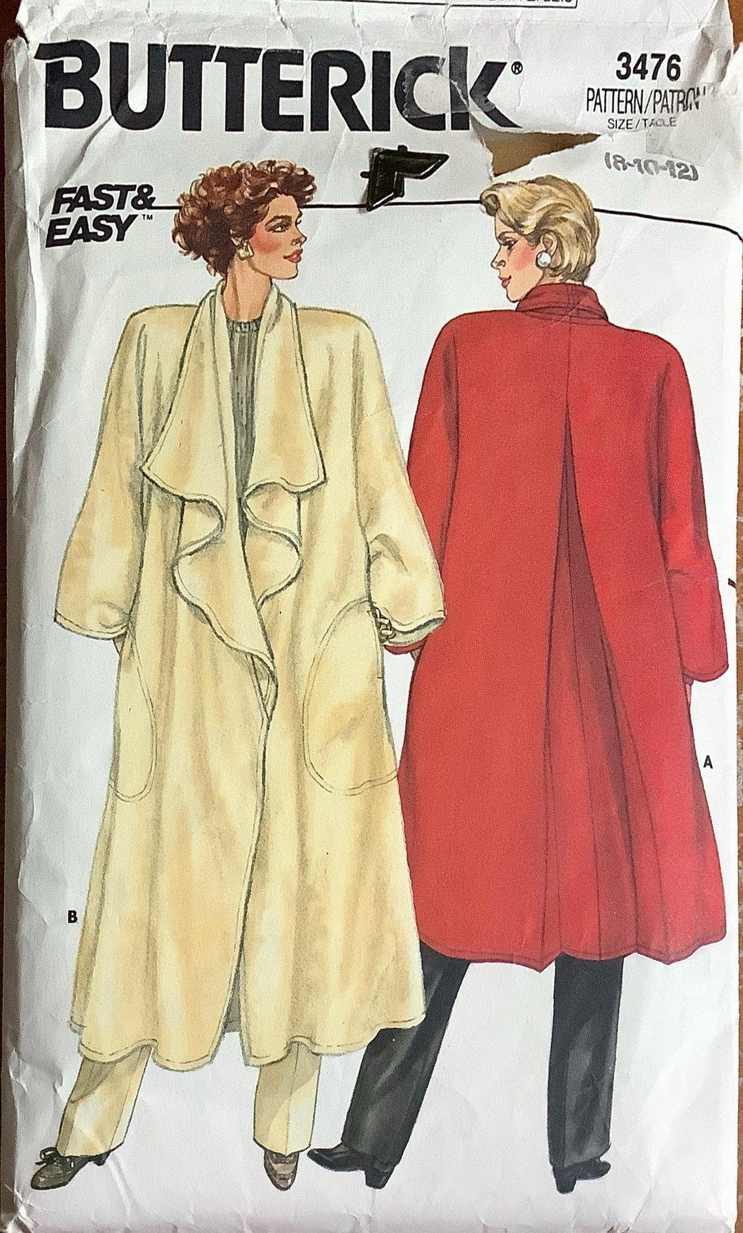 Butterick 3476 1980s Draped Cascade Swing Coat Pattern Inverted Pleat ...