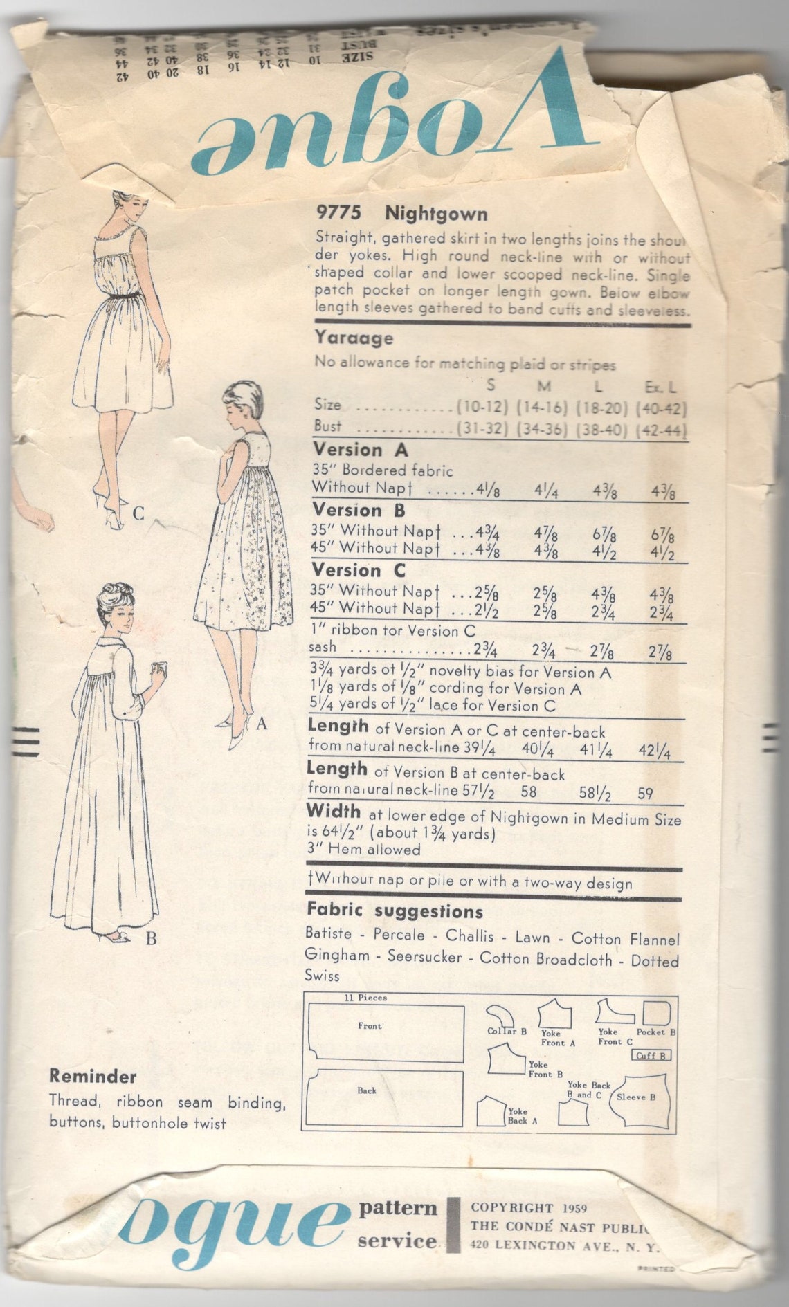Vogue 9775 1950s Misses Nightgown Pattern Two Lengths Sleeve | Etsy