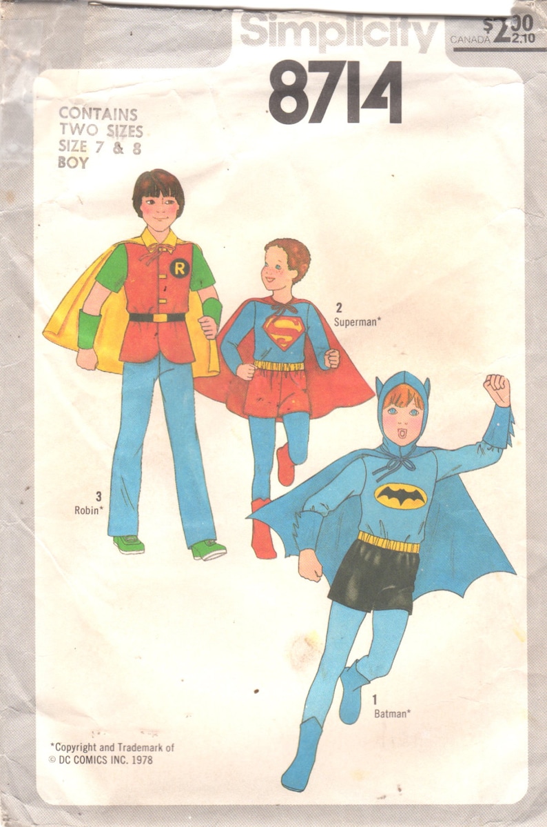 1970s Simplicity 8714 Childs Superheros Batman Robin Superman Costume ...