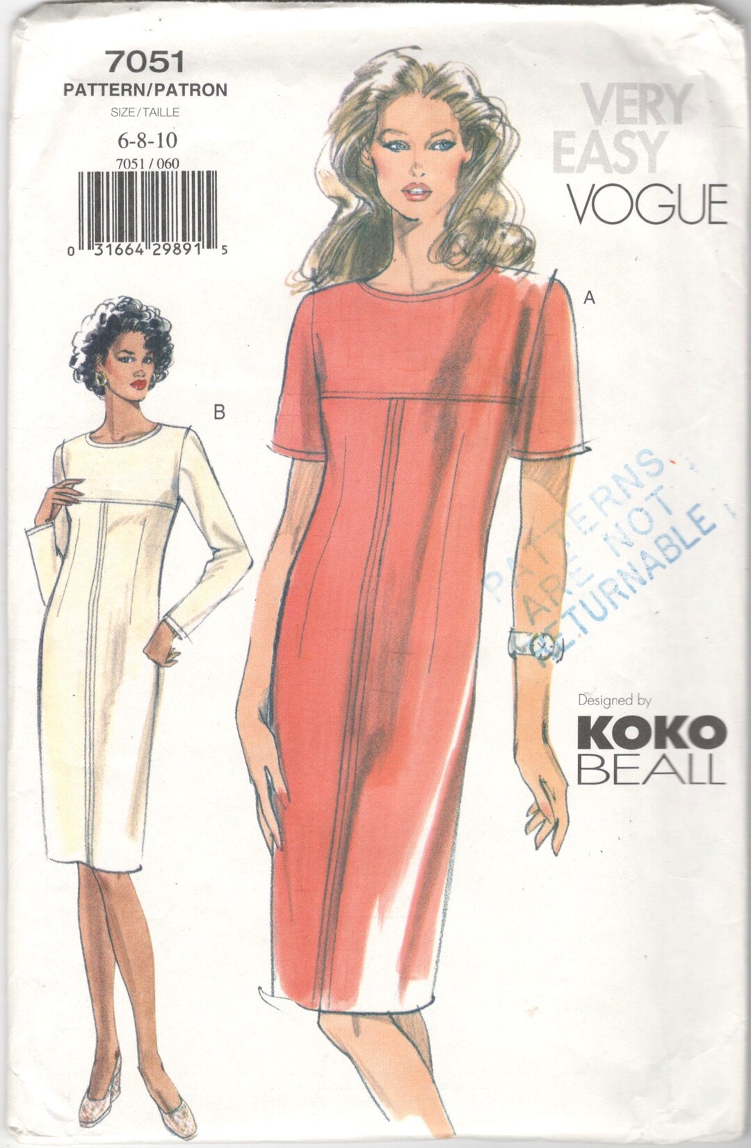 Vogue 7051 1990s Fitted Straight Dress Pattern Womens Designer Koko ...