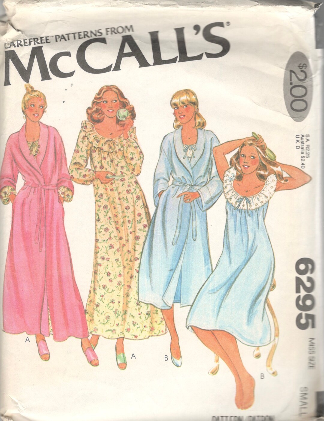 Mccalls 6295 1970s Misses Nightgown and Wrap Robe Pattern Womens ...