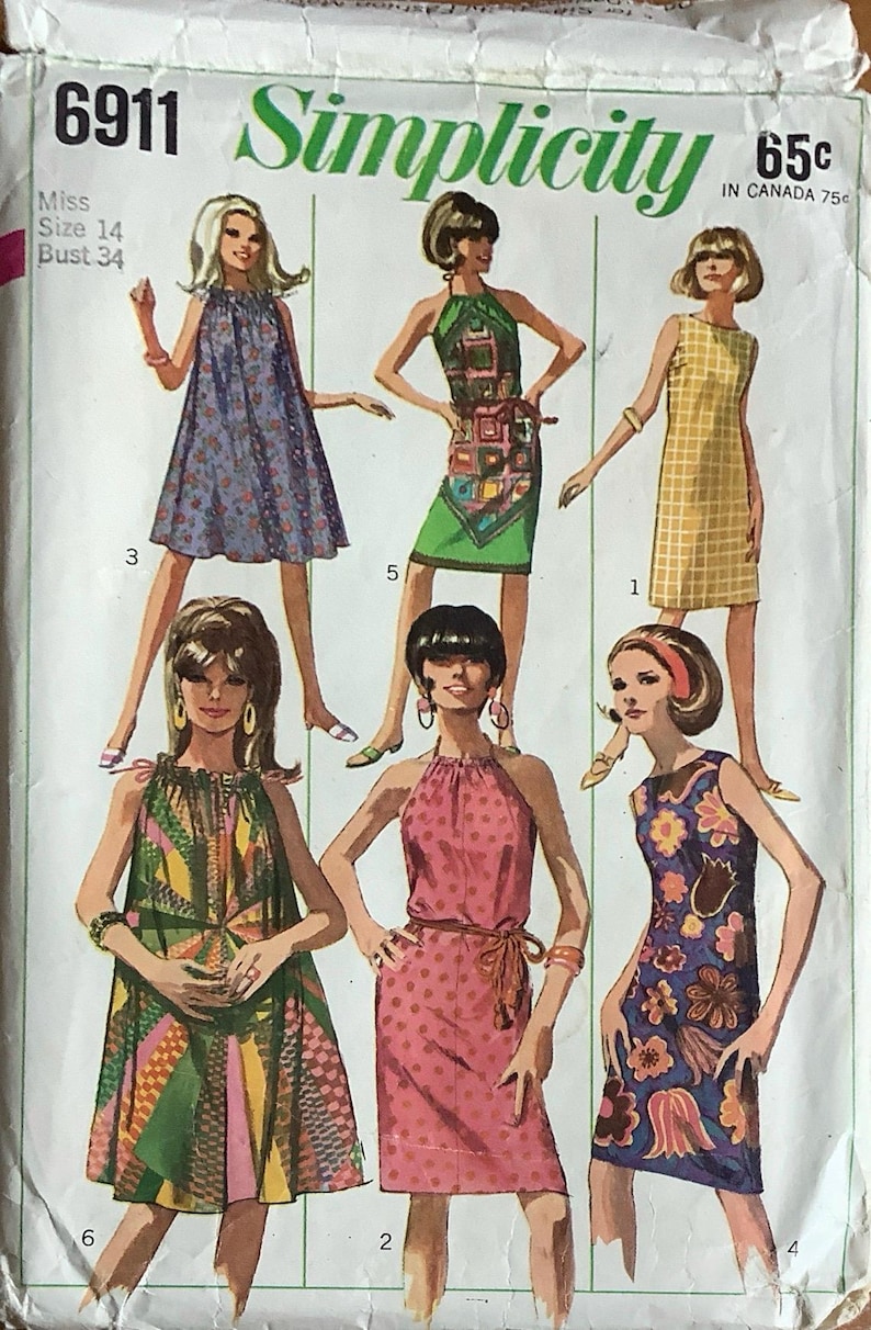 Simplicity 6911 1960s Mod Sleeveless Trapeze Tent Dress Halter Bare ...