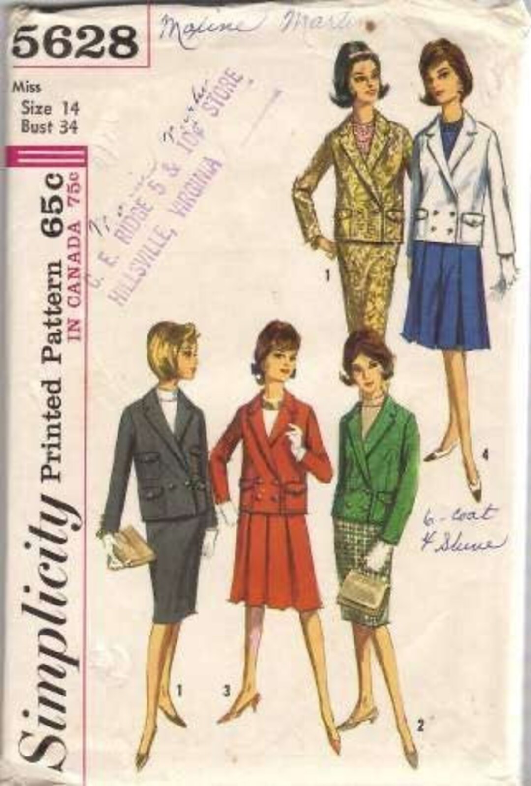 Simplicity 5628 1960s Suit Pattern Slim or Box Pleated Skirt and Double ...