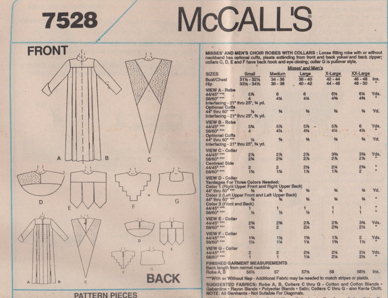 McCalls 7528 Sew Divine Choir Robes Pattern 5 Collar Options | Etsy