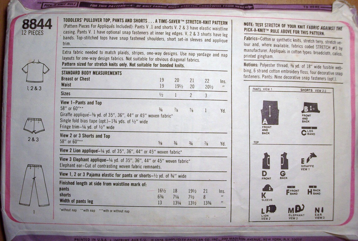 Simplicity 8844 1970s Toddlers Pullover Top Pants Shorts | Etsy
