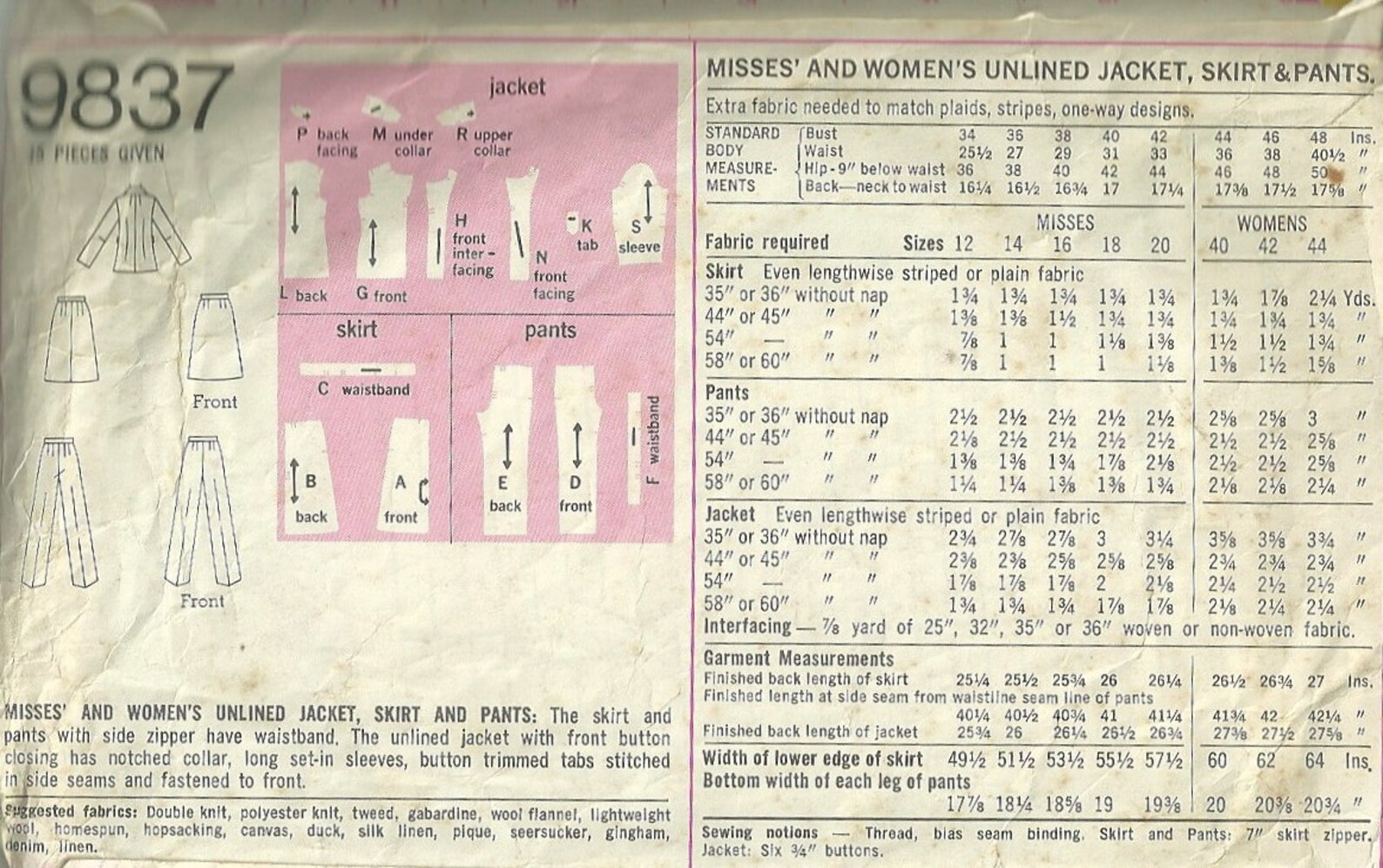 Simplicity 9837 1970s Misses Mod Jacket Skirt and Pants | Etsy