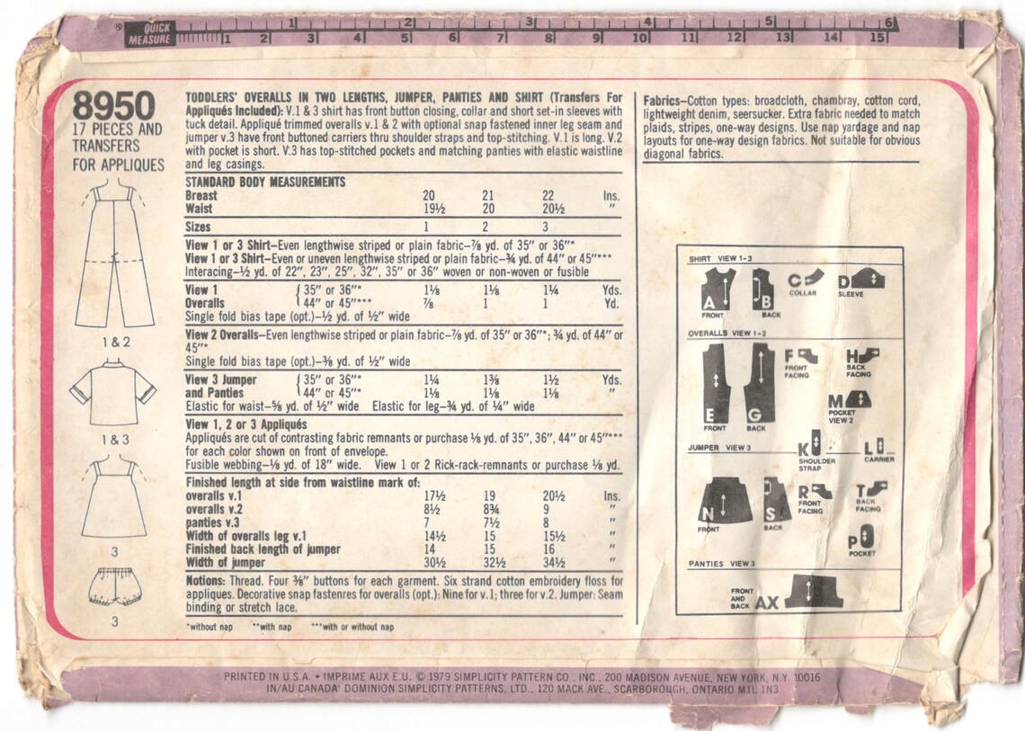 1970s Simplicity 8950 Toddlers Overalls Rompers Panties Jumper Pattern ...