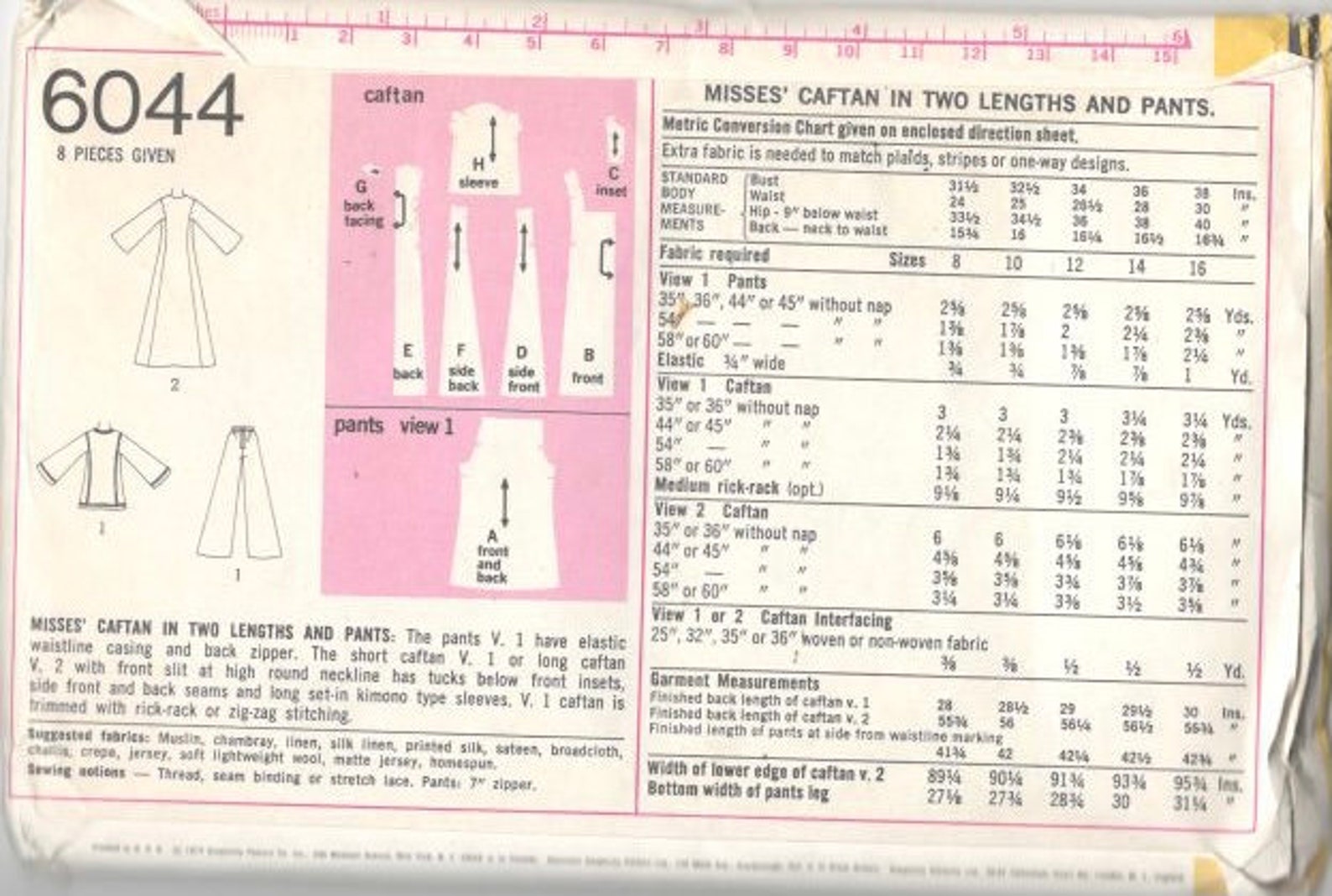 Simplicity 6044 1970s Misses Pullover Tucked Caftan Top and - Etsy