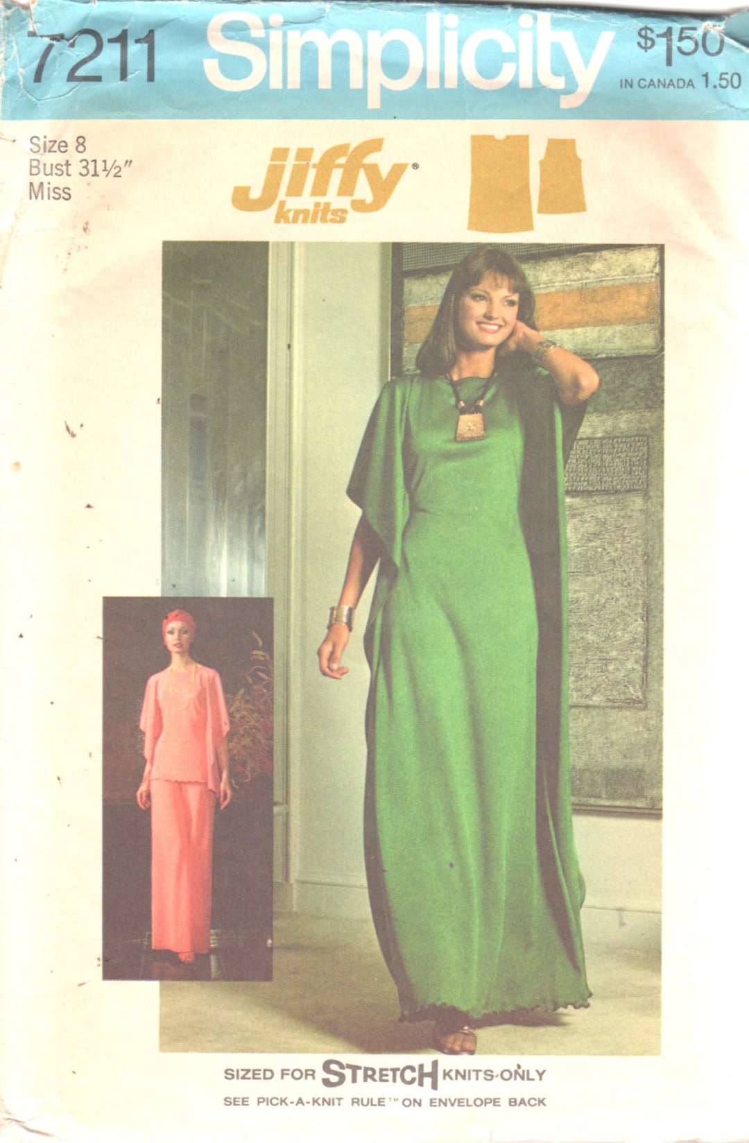 Simplicity 7211 1970s Misses Bat Wing Pullover Caftan Top and Wide Leg ...