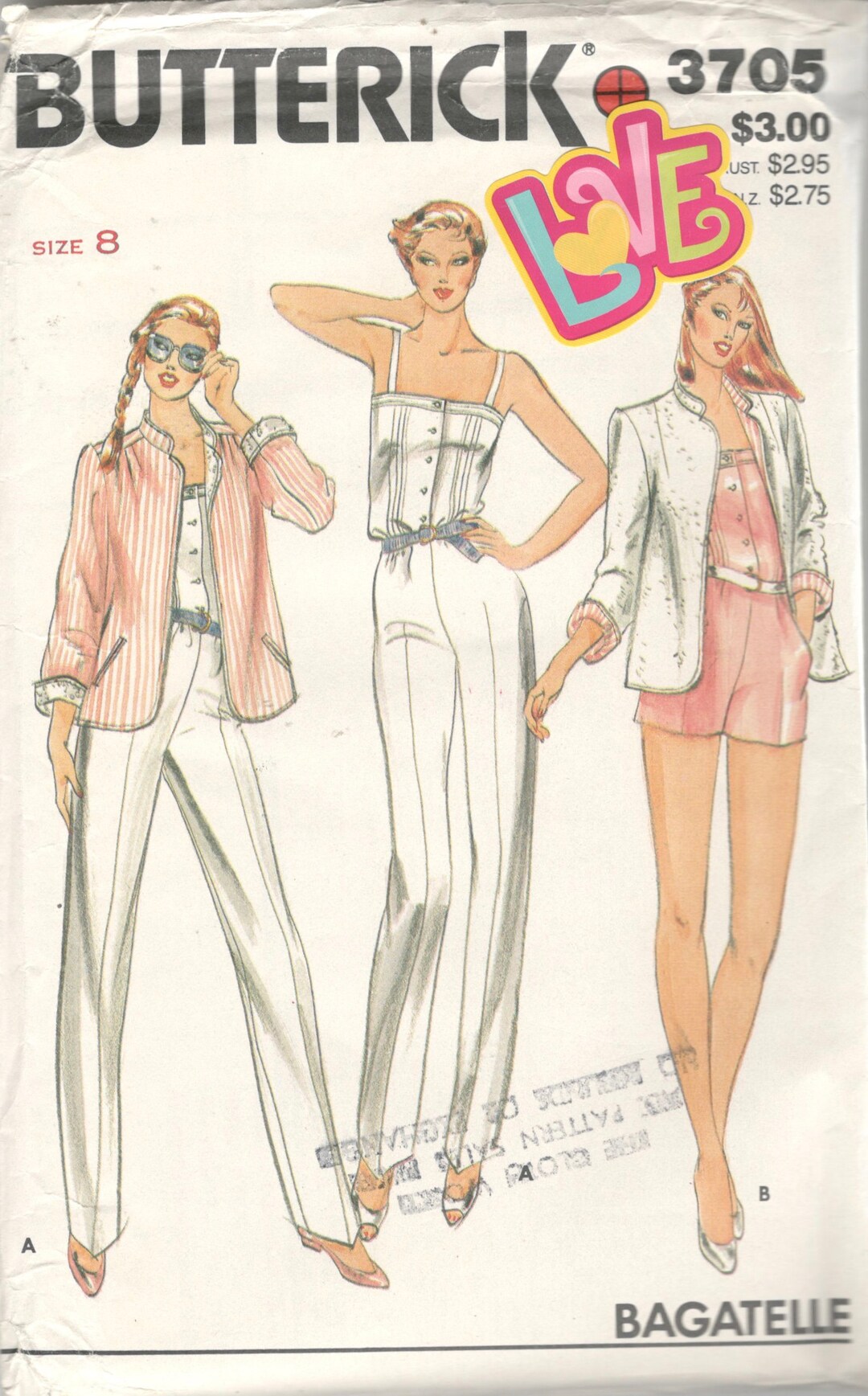 1980s Butterick 3705 Jumpsuit and Reversible Jacket Bagatelle Pattern ...