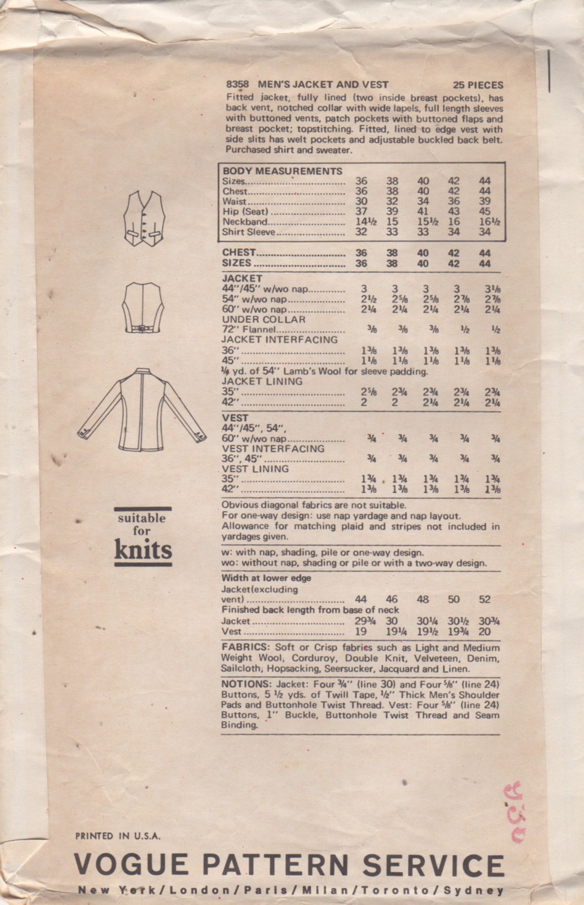 Vogue 8358 1970s Mens Lined Jacket and Vest Pattern Great as Formal ...