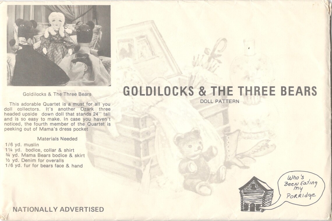 Ozarks GOLDILOCKS Three Bears Pattern 1970s Topsy Turvy 24 Inch Stuffed ...