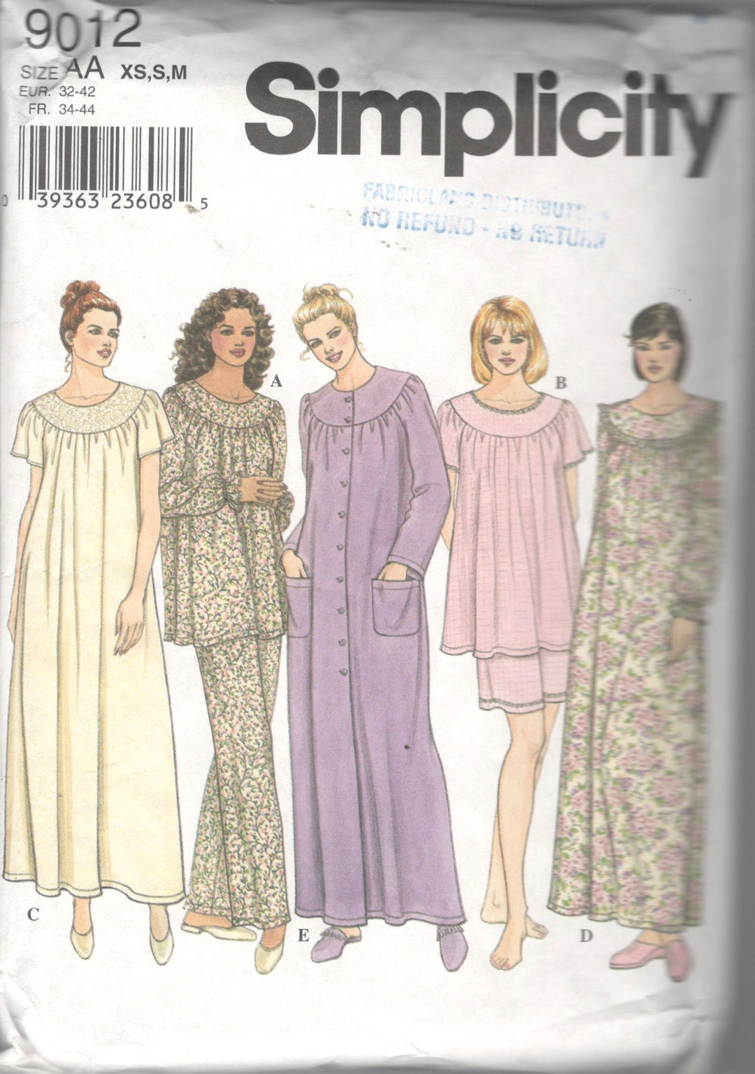 Simplicity 9012 1990s Nightgown Pajamas and Robe Pattern Sleepwear ...