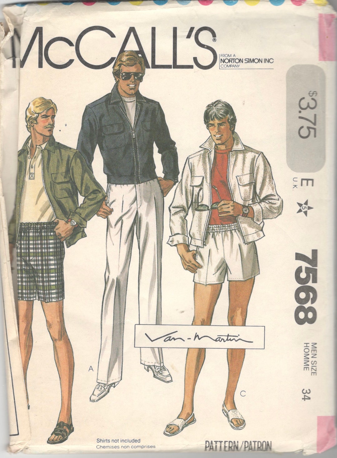 Mccalls 7568 1980s Mens Zip Front Bomber Jacket Pants Shorts Pattern OR ...