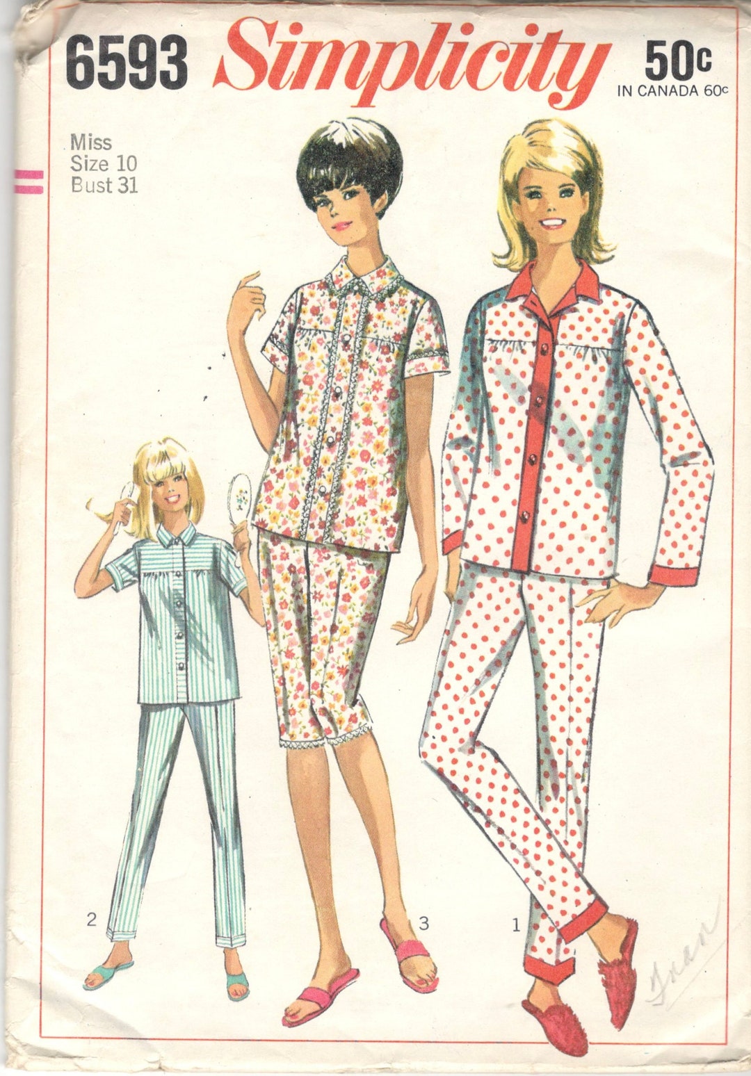 Simplicity 6593 1960s Misses Pajamas Pattern Pedal Pushers or Long ...