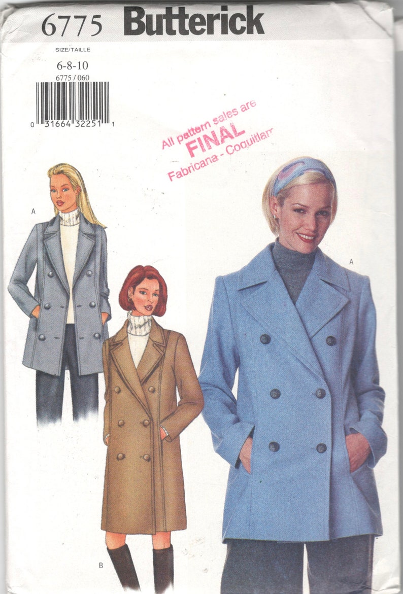 Butterick 6775 Misses Double Breasted Lined Coat Jacket | Etsy