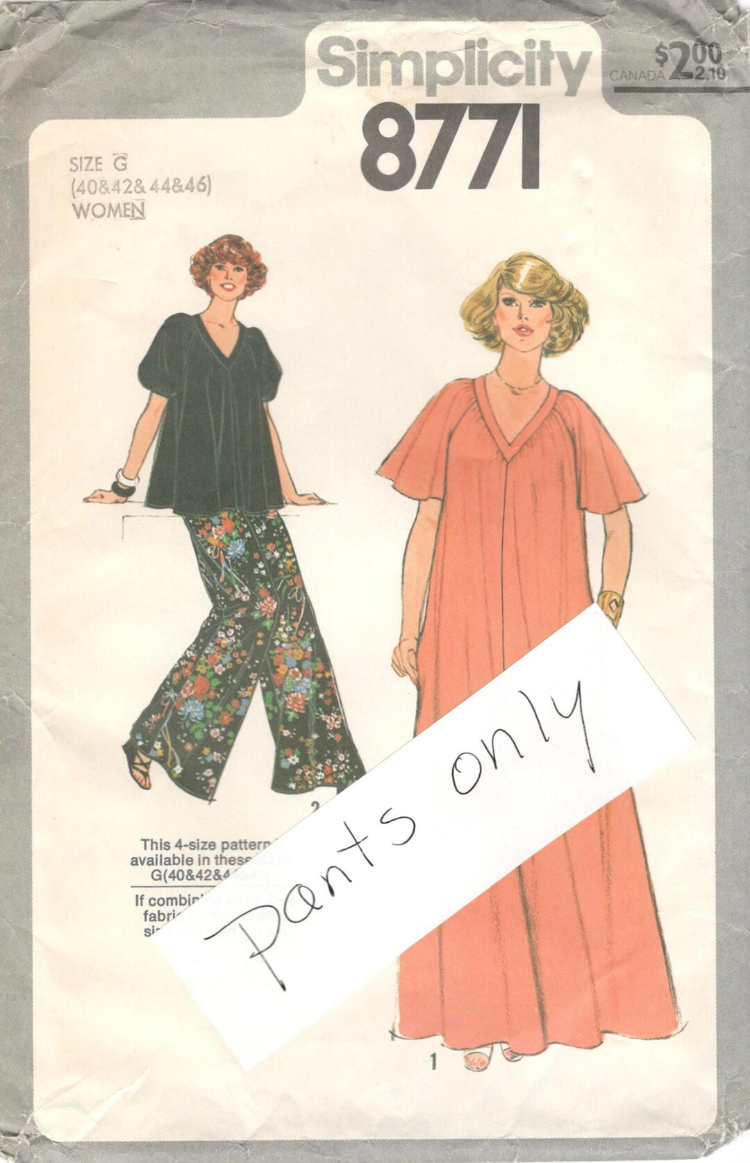 Simplicity 8771 Wide Leg Pants Pattern Womens Vintage 1970s Sewing ...