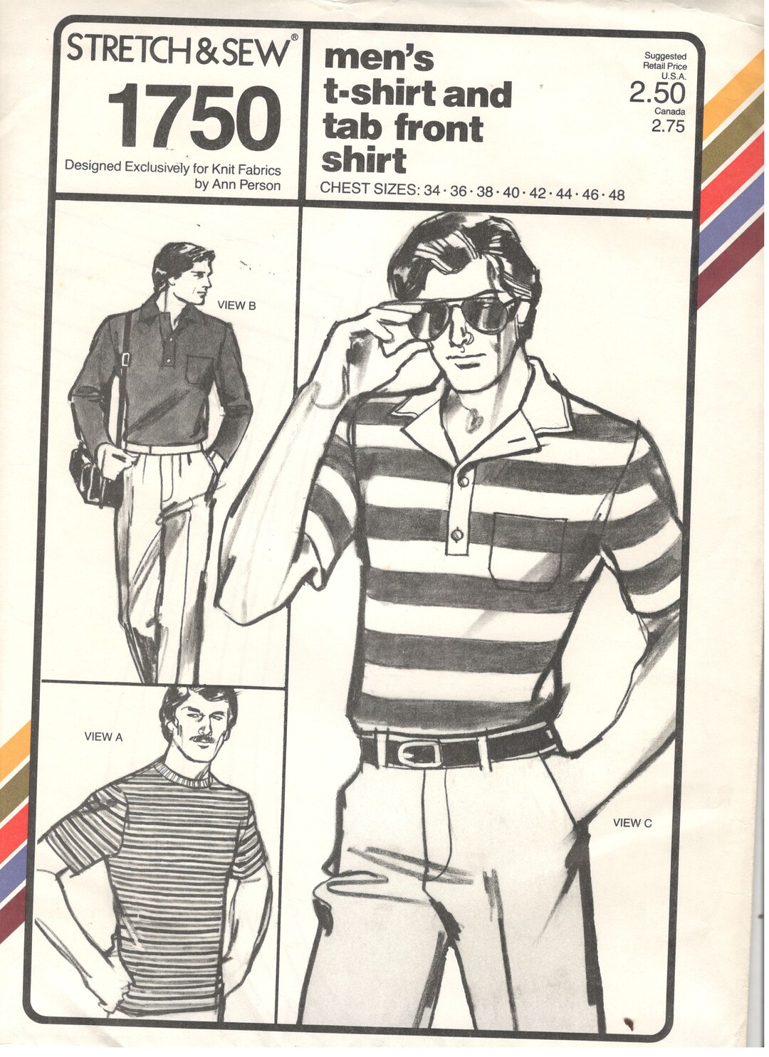 1960s 1970s Stretch & Sew 1750 Mens Tab Front Top and T SHIRT Pattern ...