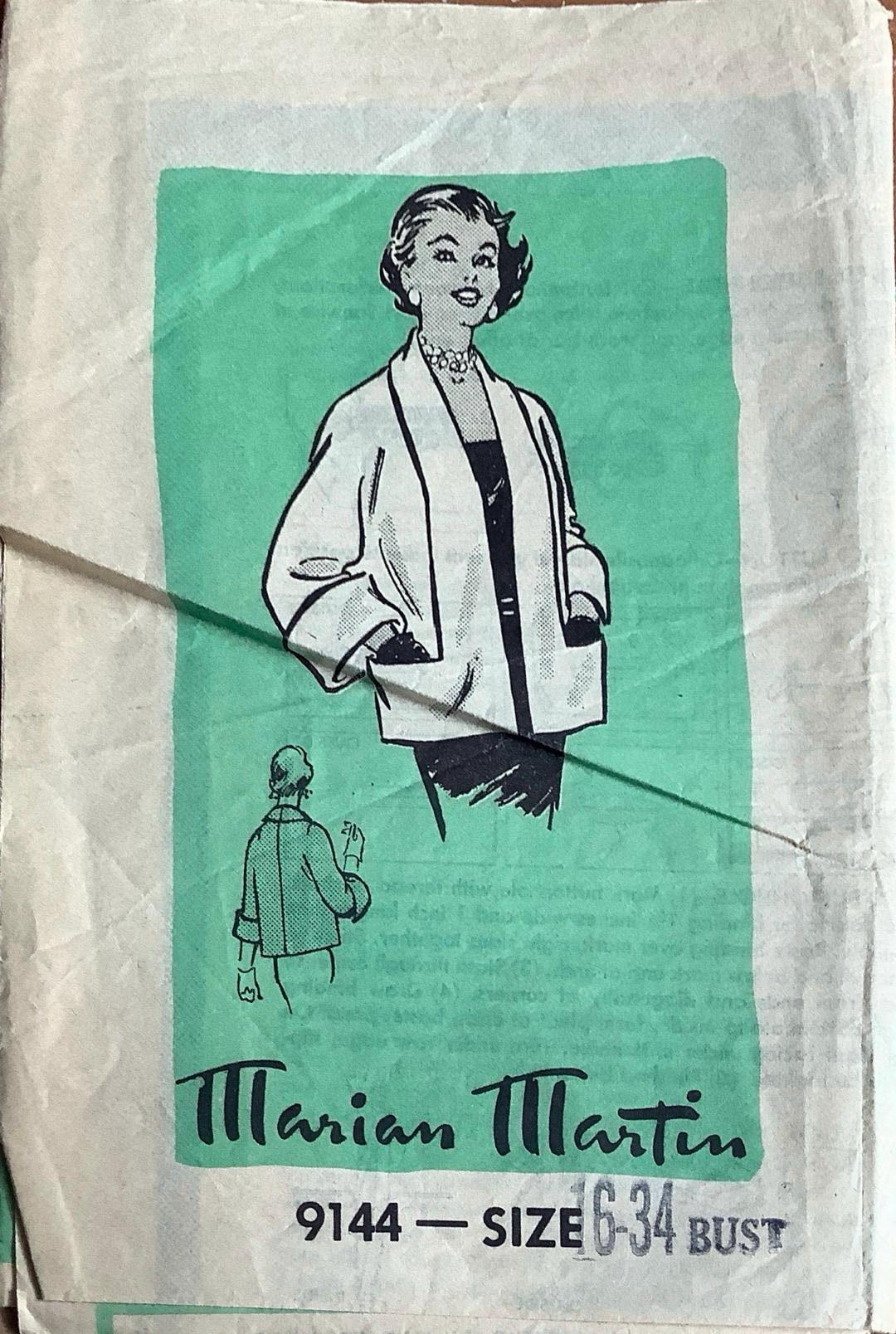 Marian Martin 9144 1950s Misses Topper Jacket Pattern Shawl Collar ...