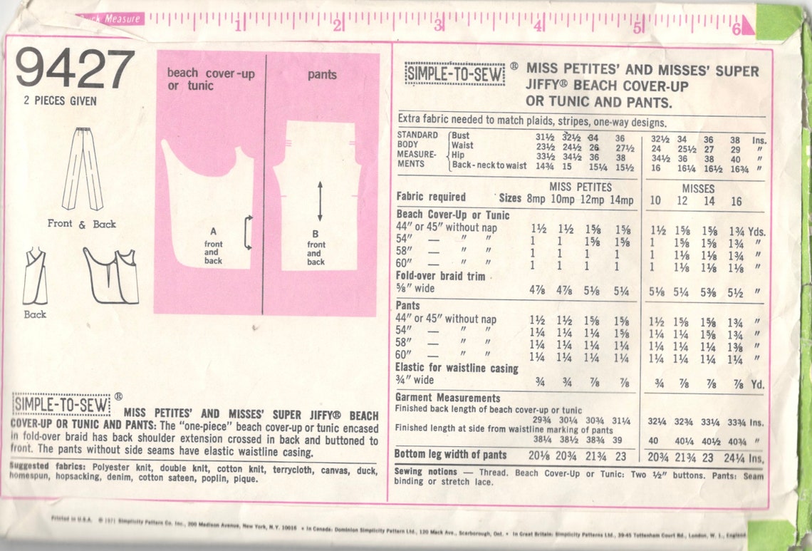 Simplicity 9427 1970s Misses Cover up Tunic and Pants Pattern - Etsy