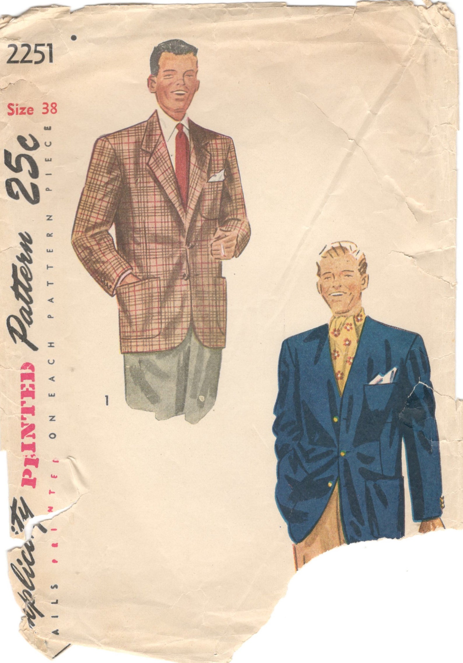 1940s Simplicity 2251 Sophisticated Mens Jacket Pattern | Etsy